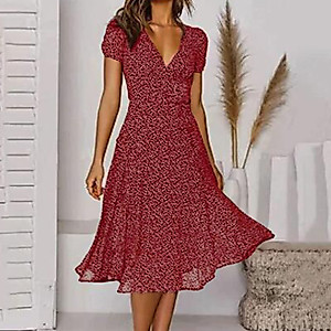 Womens Dresses Summer 2023 Floral Boho V Neck Short Sleeve Wrap Flowy Ruffle Hem Cute Beach A Line Midi Dress Sun Dresses Hawaiian Clothes Summer Wedding Guest Dresses for Women 2023