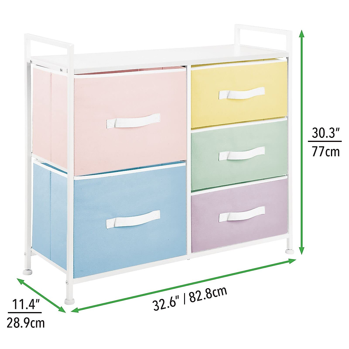 mDesign 30.3" High Steel Frame/Wood Top Storage Dresser Furniture, 5 Fabric Drawers, Tall Bureau Organizer for Baby, Kid, Teen Bedroom, Nursery, Playroom, Dorm, Jane Collection, Bright Multi/White