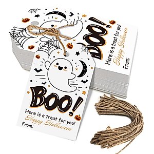 Aukolass 50Pcs Boo Gift Tags, Halloween Treat Tag for Spooky Ghost Party Favor and Gift Wrapping Decoration (Boo)