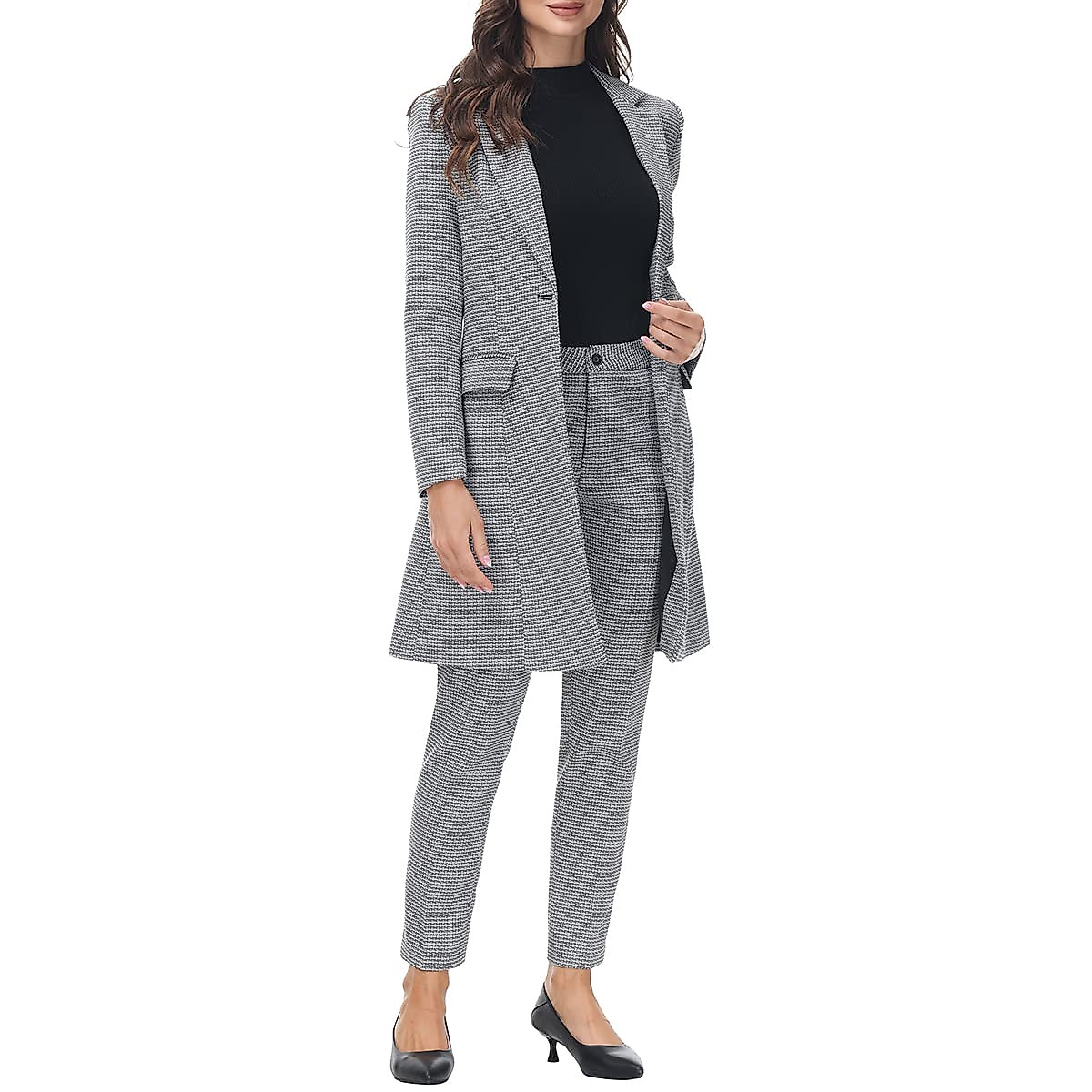 MODFUL Women's 2 Piece Long Blazer with Pants Set Small Plaid Elegant Suit Set for Casual Business Office(Grey,Medium)