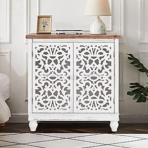 PHI VILLA Accent Cabinet with Doors Hollow-Carved Cabinet Farmhouse Antique Cabinet Credenza Buffet Cabinet for Entryway Living Room Storage Cabinet White
