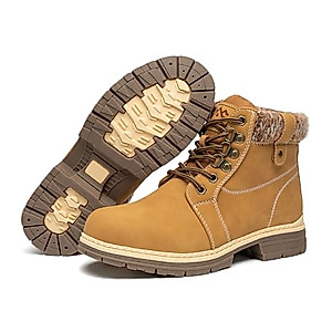 COTTIMO Winter Snow Hiking Boot for Women - Casual Brown Combat Non-slip Work Ankle Boot Clearance Backpacking Boots Leather Waterproof Hiking Shoes Wedge Platform Heel Booties LMW18-CAMEL-10