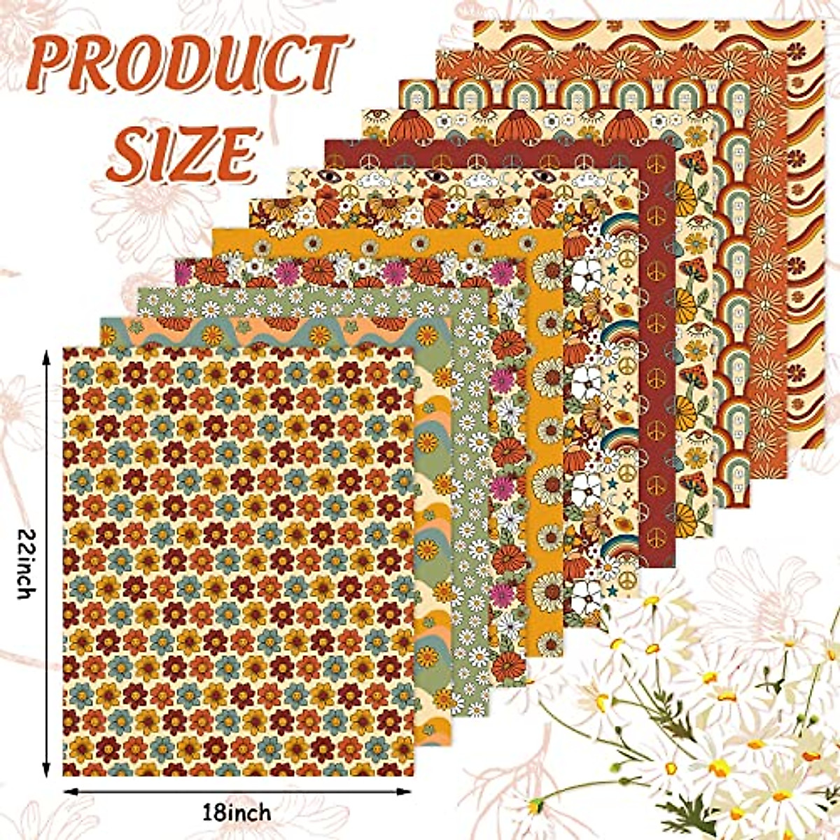 Whaline 12Pcs Fall Retro Floral Cotton Fabric Bundles 18 x 22 Inch Boho Hippie Groovy Boho Rainbow Printed Fat Quarter Quilting Patchwork Square Sewing Fabric for DIY Handmade Craft Home Party Decor