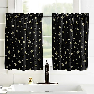 Gold Snowflakes Kitchen Curtain Tier Curtains 45 Inch Long 2 Panels Set, Rod Pocket Window Curtain Drapes Cafe Window Treatments for Living Room Bedroom Seasonal Winter Christmas Black Backdrop