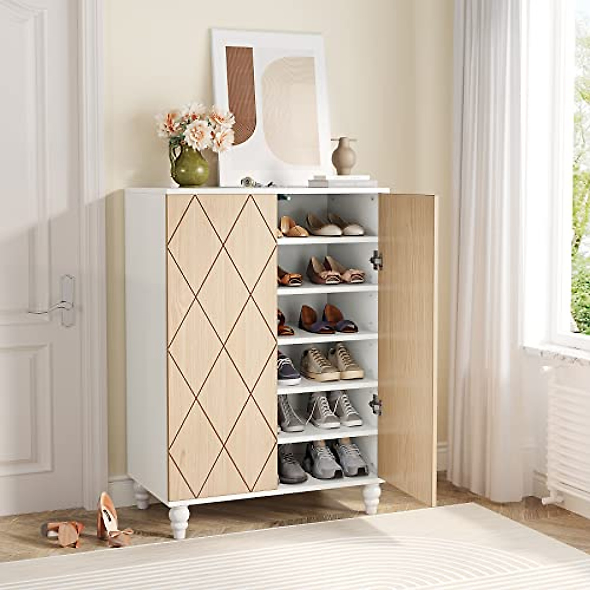 LITTLE TREE 6-Tier 2-Door Shoe Cabinet with Solid Wood Legs, Wooden Shoes Storage Cabinets for Entryway