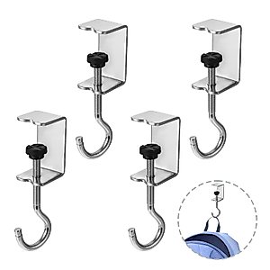 JJUNW 4 Pcs Desk Mount Bag Holder Hook, Desk Hook for Hanging Bag Backpack Under Desk Clamp J Hooks, Adjustable Headphone Holder Desk for Table Desk Closet Door