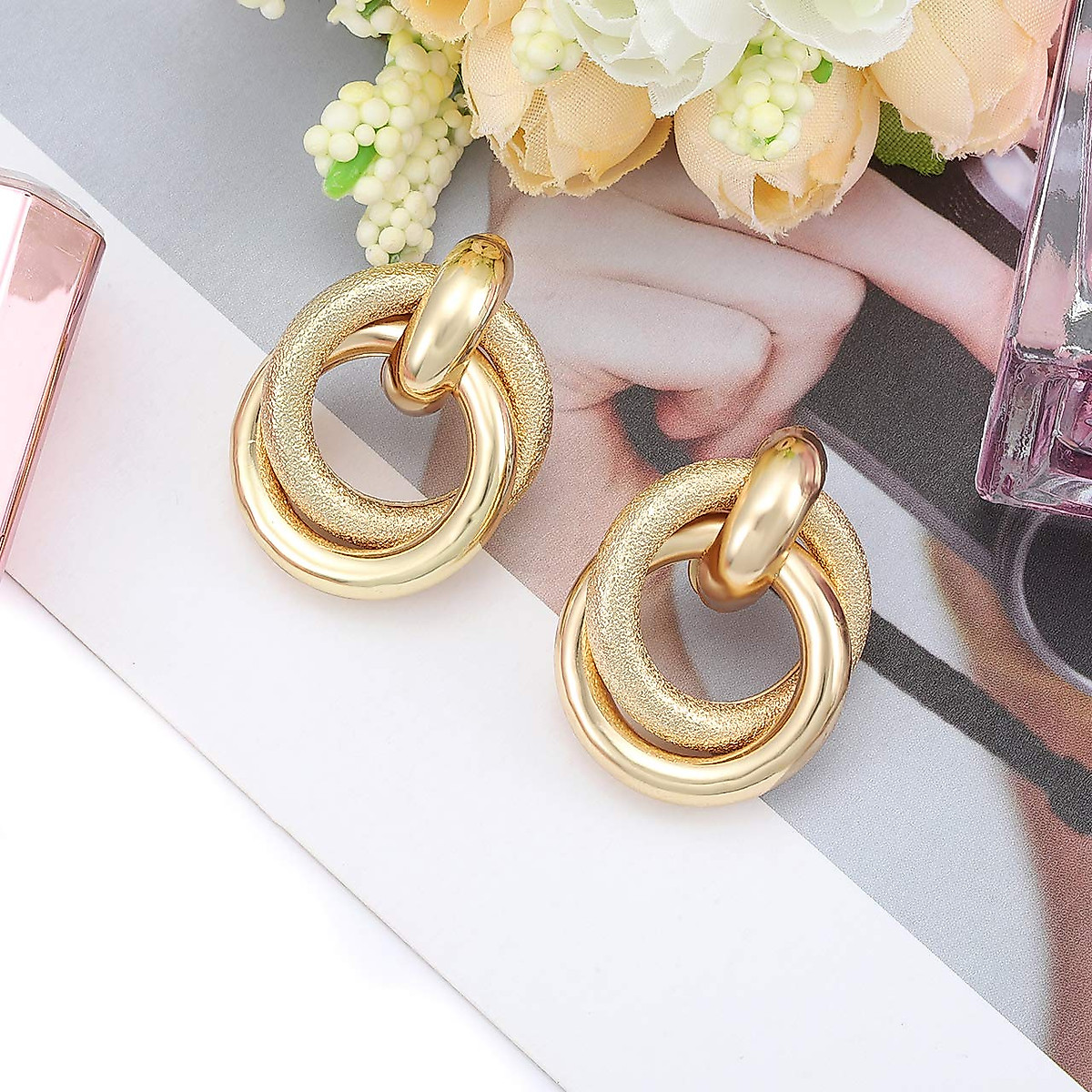 Twisted Earrings Round Double Circle Stud Earrings Statement Chunky Polished Drop Hoop Earrings for Women(gold)
