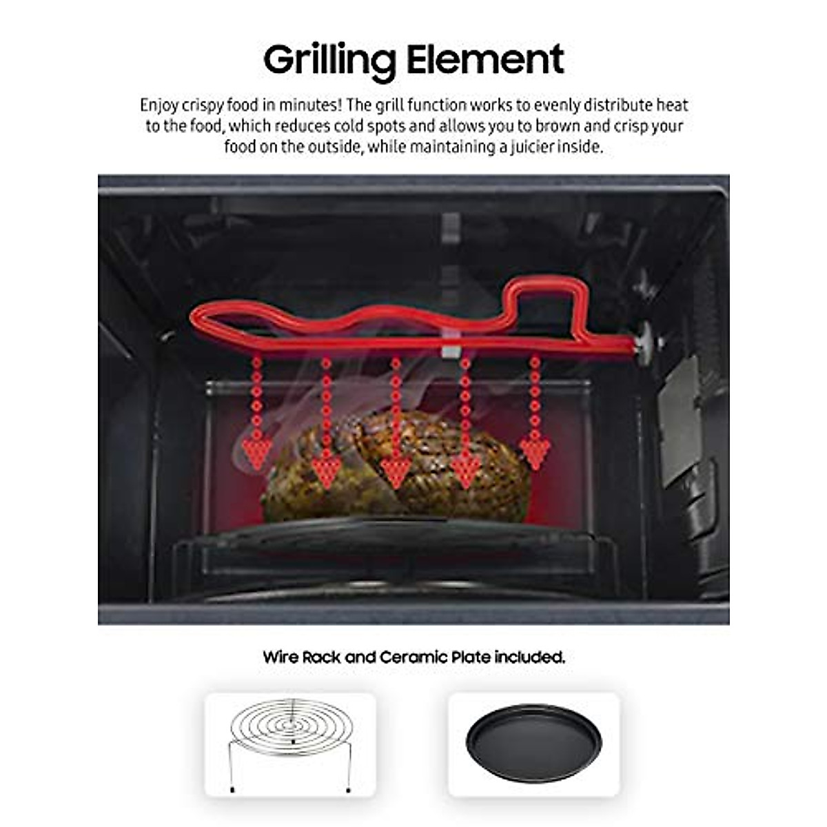 SAMSUNG 1.1 Cu Ft Countertop Microwave Oven w/ Grilling Element, Ceramic Enamel Interior, Auto Cook Options, 1000 Watt, MG11H2020CT/AA, Stainless Steel, Black w/ Mirror Finish
