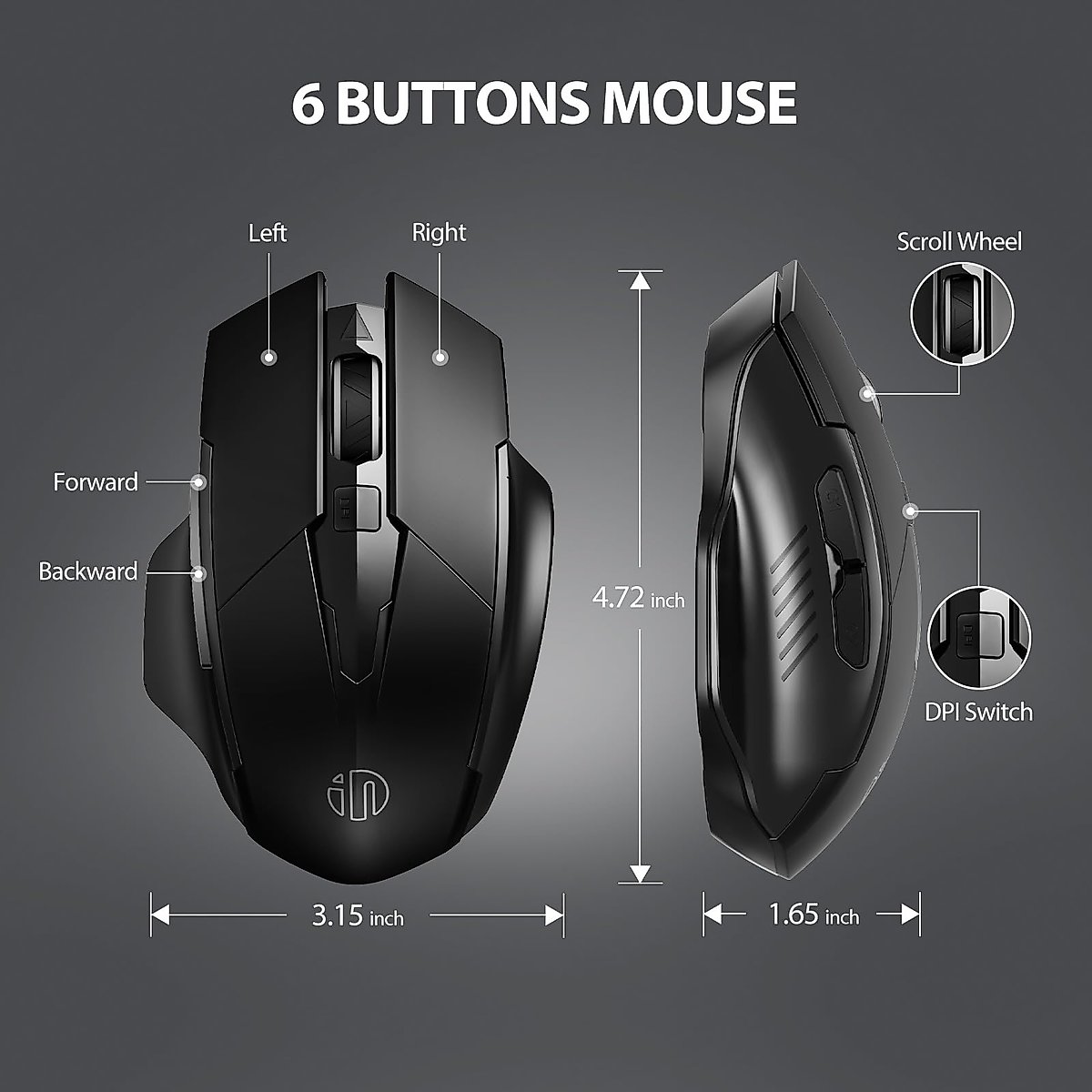 INPHIC Wireless Mouse Rechargeable, 700mAh, with USB Receiver, 6 Buttons, Ergonomic for Laptop, Computer, Mac, PC etc.