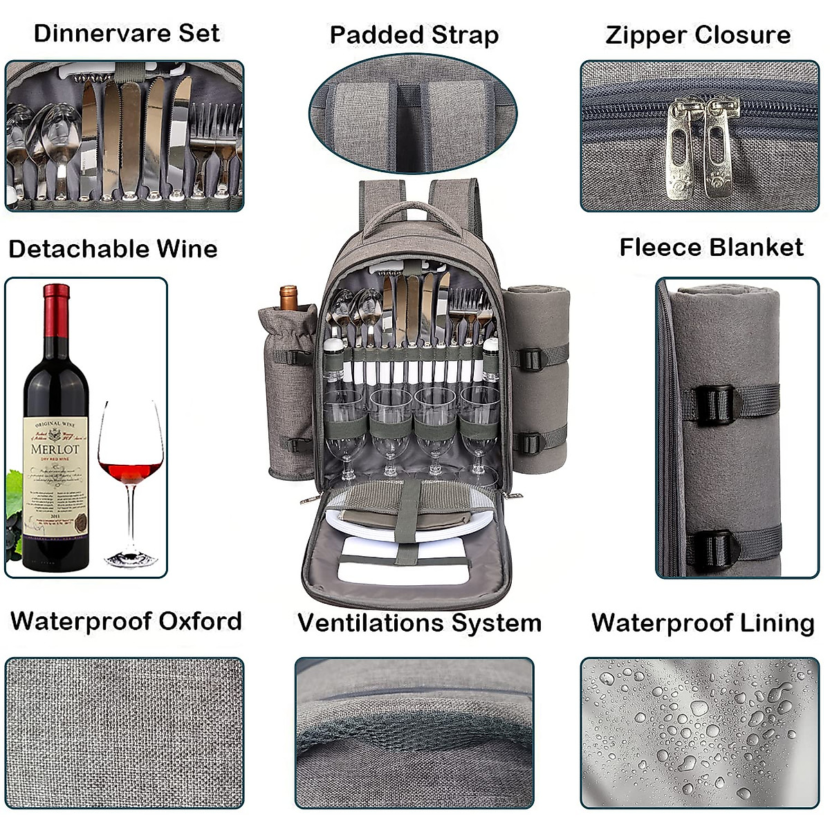 Hap Tim Picnic Basket Backpack for 4 Person with Blanket, Wine Holder, Cooler Compartment, Cutlery Set, for Couples, Ideas, Engagement Gifts, Gray (3065-G)