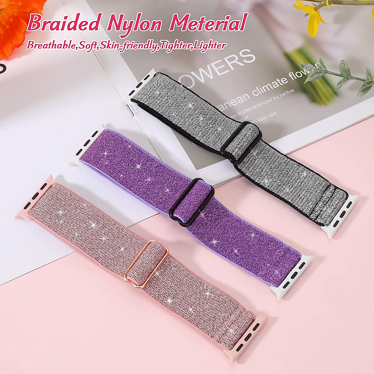 3 Pack Shiny Bands Compatible with Apple Watch Band for Women 38mm 40mm 41mm, Nylon Stretchy Straps for iWatch Series 9 Ultra SE 8 7 6 5 4 3 2 1