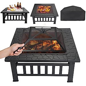 F2C 32 inch Outdoor Fire Pit Square Fireplace Metal Wood Burning Stove w/Waterproof Cover Poker, Patio Backyard Travel Camping BBQ Wood Burning
