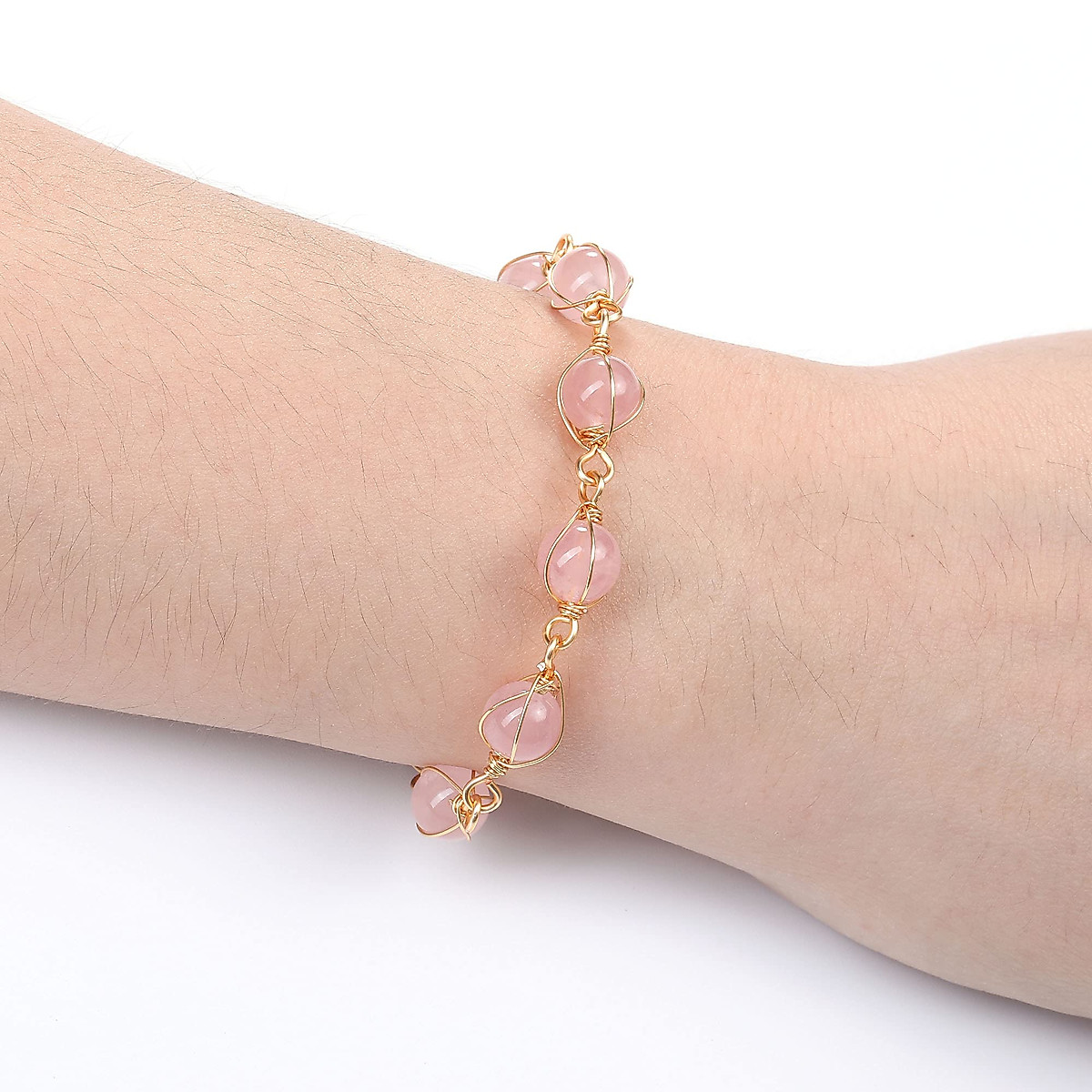 Top Plaza Natural Rose Quartz Crystal Bracelets Healing Crystal Stone Bead Bracelet 14K Gold Plated Ankle Bracelets Healing Quartz Jewelry for BF Mom Wife Birthday Christmas Gifts