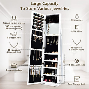 COSTWAY Standing Jewelry Cabinet, Large Capacity Jewelry Organizer w/Full-Length Mirror & Rear Storage Shelves, Lockable Mirror Jewelry Armoire with Keys for Girls Women (White)