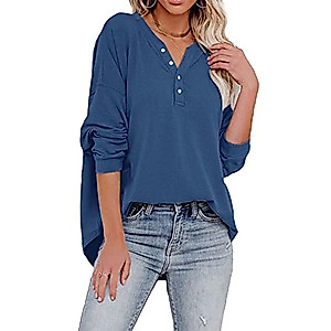 REVETRO Womens V Neck Henley Shirts Long Sleeve Sweatshirts Causal Pullover Button Down Tunic Tops Blue Small