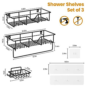 FELOOW Shower Shelf Organizer with Soap Holder Towel Bar,3 Pack No Drilling Traceless Adhesive Bathroom Storage Basket,SUS304 Stainless Steel Wall Mounted Rack for Bathroom Kitchen (Black-3Pack)
