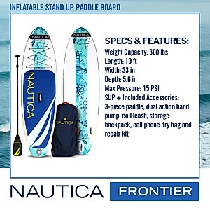 Inflatable Paddle Board Nautica Frontier 10' - Portable Paddle Board Package with Inflatable SUP Board, Paddle, Hand Pump, Ankle Leash, Dry Pouch, Repair Kit, and Storage Backpack