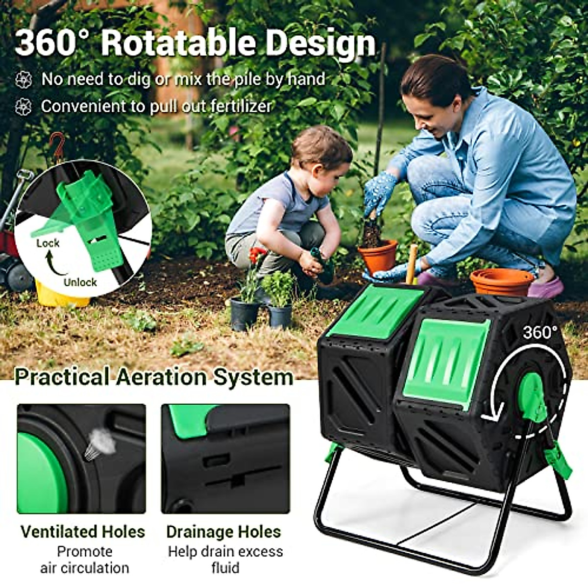 Goplus Compost Bin, Dual Chamber 34.5 Gal Compost Tumbler with 2 Rotating Chambers, Sliding Doors, High-Volume Outdoor Garden Composter, Rotating Composting Bin for Garden Yard, BPA Free