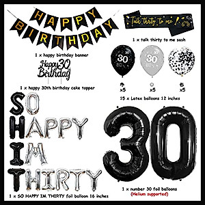 30th Birthday Decoration Black and Silver So Happy I’m Thirty Funny 30th Birthday Balloons for Men Women Talk Thirty to Me Sash Number 30 Foil Balloon Glitter Cake Topper