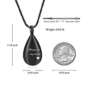 Yinplsmemory Carved Teardrop Keepsake Ashes Necklace Urn Pendant Cremation Memorial Jewelry Always in My Heart Black
