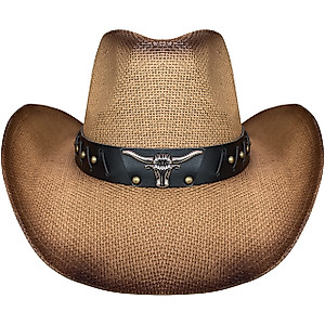 Western Outback Cowboy Hat Men's Women's Style Straw Felt Canvas (Brown Bull)