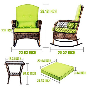 ENSTVER 3 Pieces Patio Conversation Set w/ 2 Rattan Wicker Rocking Chairs and Glass Table,for Garden Backyard Lown Porch (Green)
