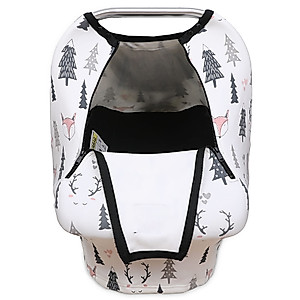 Stretchy Baby Car Seat Covers for Boys Girls, Infant Car Canopy for Spring Autumn Winter, Snug Warm Breathable, Zipped Window,Universal Fit,Forest Fox