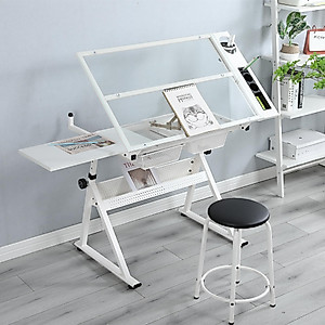 Tzou Drafting Printing Table with Chair 0-75° 31.5"-49.5" Adjustable Height Tempered Glass Drawing Table for Office School Artists Architects White