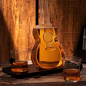 Guitar Whiskey & Wine Decanter & Mahogany Base - The Wine Savant 1000 ML Glass Decanter with 2 10oz Glasses 14" For Whiskey Music Lover & Guitar Player Gifts Musician Music Lovers
