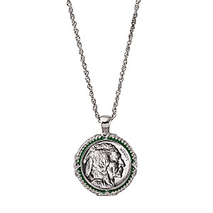American Coin Treasures Buffalo Nickel Coin Pendant Necklace with Green Enamel | Silvertone 24" Rope Chain for Men & Women | Lobster Claw Clasp | Jewelry for Collectors | Elegant Gift Box