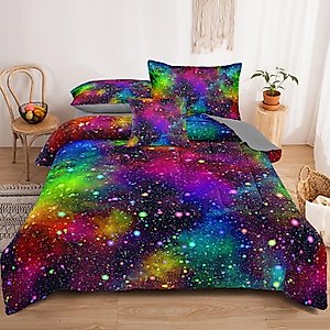 AZAWALLA 6pcs Galaxy Bedding Sets Queen Size,Glitter Comforter Sets fot Girls Boys,Colorful Rainbow Bedding Set,Kids Space Star Glitter Comforter Set with Sheets and Pillowcase Galaxy 01 Queen