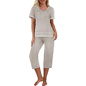 Ekouaer Capri Pajama Sets for Women Capri Pants with Short Tops Sleepwear Ladies Sleep Sets Short Sleeve Pjs Sets Soft Two Piece Loungewear Sets Light Grey