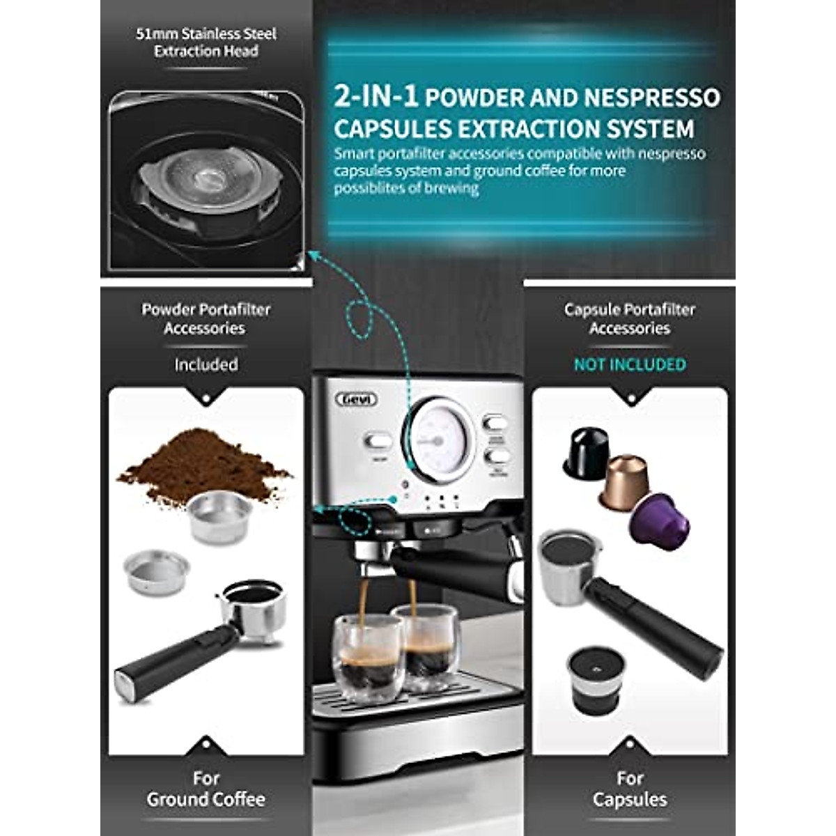 Gevi Espresso Machine 15 Bar Pump Pressure, Cappuccino Coffee Maker with Milk Foaming Steam Wand for Latte, Mocha, Cappuccino, 1.5L Water Tank, 1100W, Black1