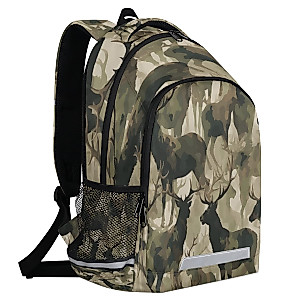 Funky Qiu Military Camo Camouflage Deer Backpack for Men Women Lightweight Laptop College School Bookbag Casual Daypack for Travel Hiking Camping with Reflective Strip