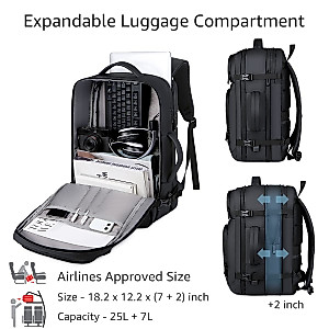 32L Travel Laptop Backpack for Men Fit 16 Inch Notebook, Flight Approved Carry On Suitcase Backpack, Expandable Large Luggage Backpack Water Resistant Weekender Overnight Daypack, Black