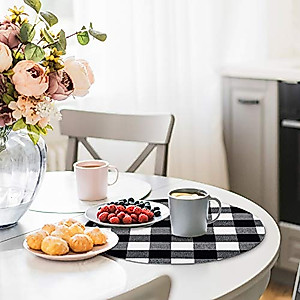 Senneny Round Placemats Set of 6 - Black and White Buffalo Plaid Placemats - Reversible Cotton and Burlap Placemats for Round Tables - Farmhouse Placemats for Dining Table