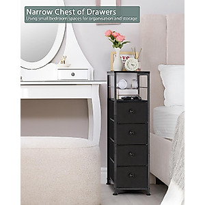 MOOACE Narrow Dresser Storage Tower, Slim Drawers Cabinet, Chest of 4 Fabric Drawers with Wood Shelf, Storage Dresser for Bedroom, Bathroom, Small Space, Closet, Laundry, Black