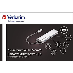 Verbatim USB-C Multiport Hub, USB C Adapter Made Aluminum for Laptops MacBooks and Smartphones, Multimedia Adapter Plug with Four USB 3.2 Gen 1 Ports, Silver