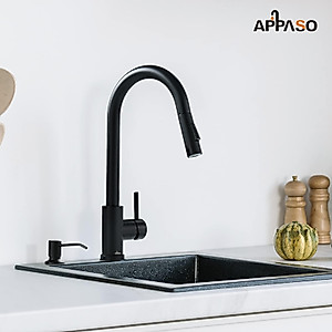 APPASO Black Kitchen Faucet with Soap Dispenser, Matte Black Kitchen Faucet with Pull Down Sprayer, 2-Mode Kitchen Sink Faucets Black, Modern Kitchen Faucet for RV/Bar Sink, Solid Stainless Steel