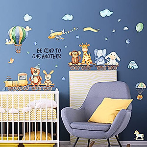 Yovkky Baby Train Animals Elephant Giraffe Monkey Wall Decals, Peel Stick Hot Air Balloon Aircraft Rabbit Bear Stickers Nursery Decor, Home Kids Room Decoration Boy Girl Bedroom Playroom Art Gifts
