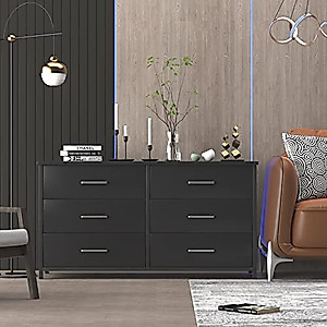 IKENO 6 Drawer Double Dresser, Industrial Wood Dresser for Bedroom, Sturdy Steel Frame…