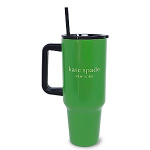 kate spade new york 40 Ounce Tumbler with Handle and Straw, Cupholder Friendly, Double Wall Stainless Steel Insulated Cup, Green