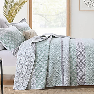 PERHOM Queen Size Quilt Set - 100% Long-Staple Cotton Floral Quilt, Reversible Patchwork Lightweight Comforter Bed Spread for All Season, Green/Gray