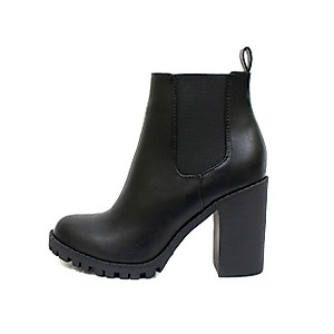Soda Glove - Ankle Boot w/Lug Sole Elastic Gore and Chunky Heel (7.5, Black (PU))