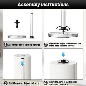 VEHHE Paper Towel Holder Countertop, Silver Paper Towel Holder Stand with Spring Damping for Kitchen Bathroom, One Hand Tear Paper Stainless Steel Paper Towel Holder with Weighted Base and Suction Cup