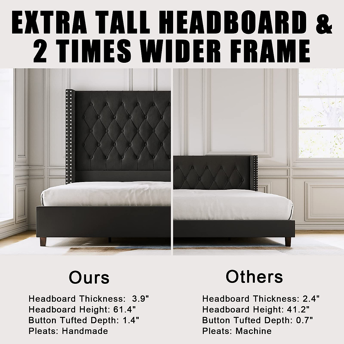 PaPaJet King Size Bed Frame 61.4" Tall Headboard Upholstered Velvet Platform Bed with Handmade Deep Button Tufted/No Box Spring Required/Black