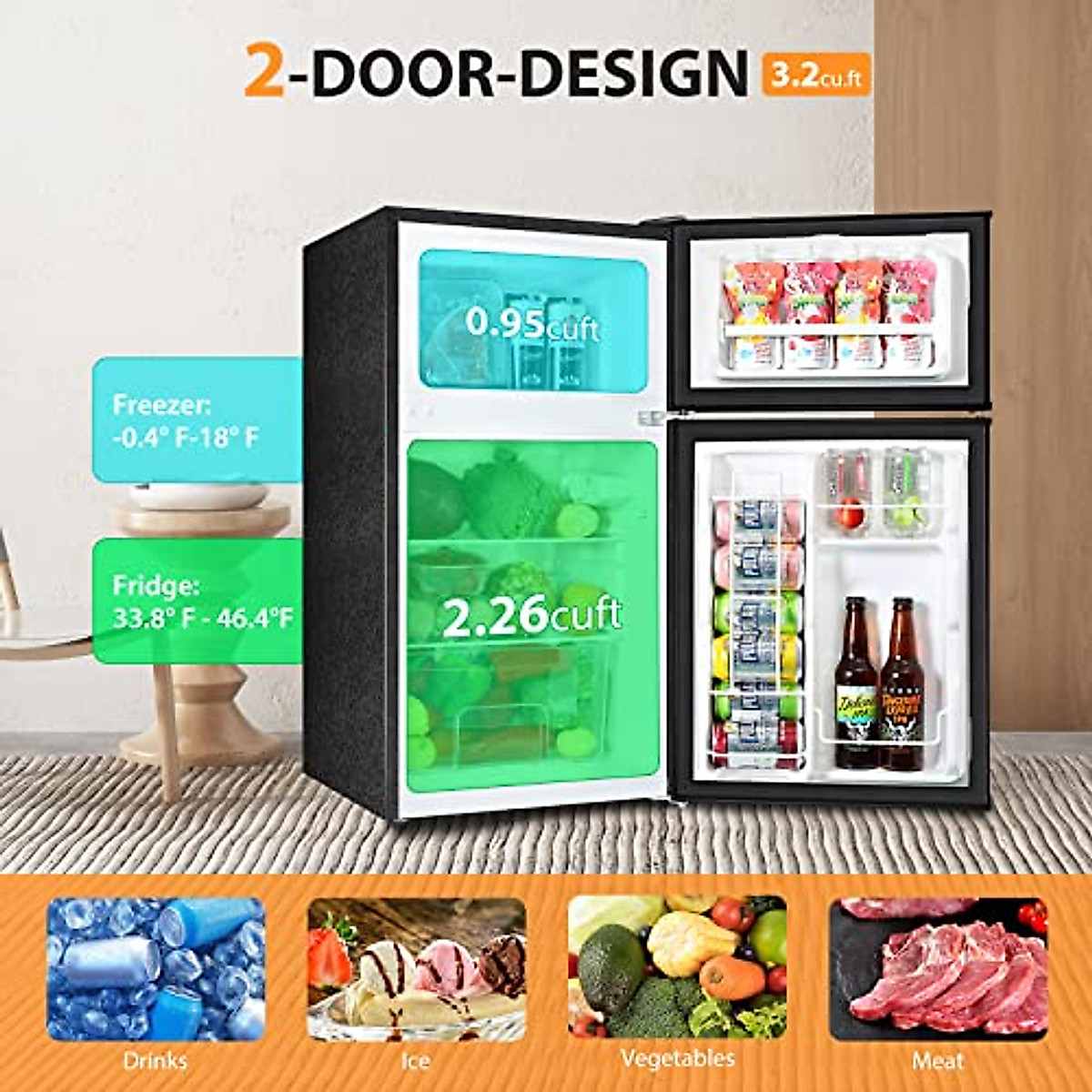 BANGSON Mini Fridge with Freezer, 3.2 Cu.Ft, Low Noise, Energy Saving, 5 Settings Temperature Adjustable, 2 Door Mini Fridge for Bedroom Office and Dorm, (Black)