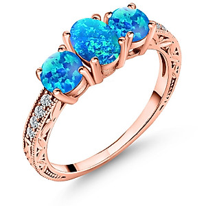 Gem Stone King 18K Rose Gold Plated Silver Oval Cabochon Blue Simulated Opal Engagement Ring For Women (1.75 Cttw, Available In Size 5, 6, 7, 8, 9)