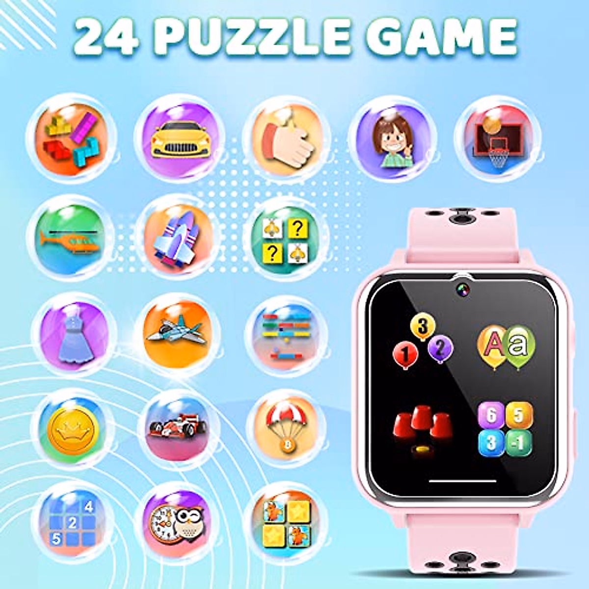 Kids Smart Game Watch for Boys Girls Age 3-12 with 1.54" HD Touch Screen 24 Puzzle Games Camera Video Music Player Pedometer Alarm Clock Calculator Torch Child Watch Wristband Electronic Learning Toys