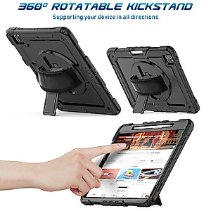 Timecity Protective Case for iPad Pro 12.9 inch 6th/ 5th/ 4th/ 3rd Generation, with Strong Protection, Screen Protector, Hand/Shoulder Strap, Rotating Stand, Pencil Holder - Black